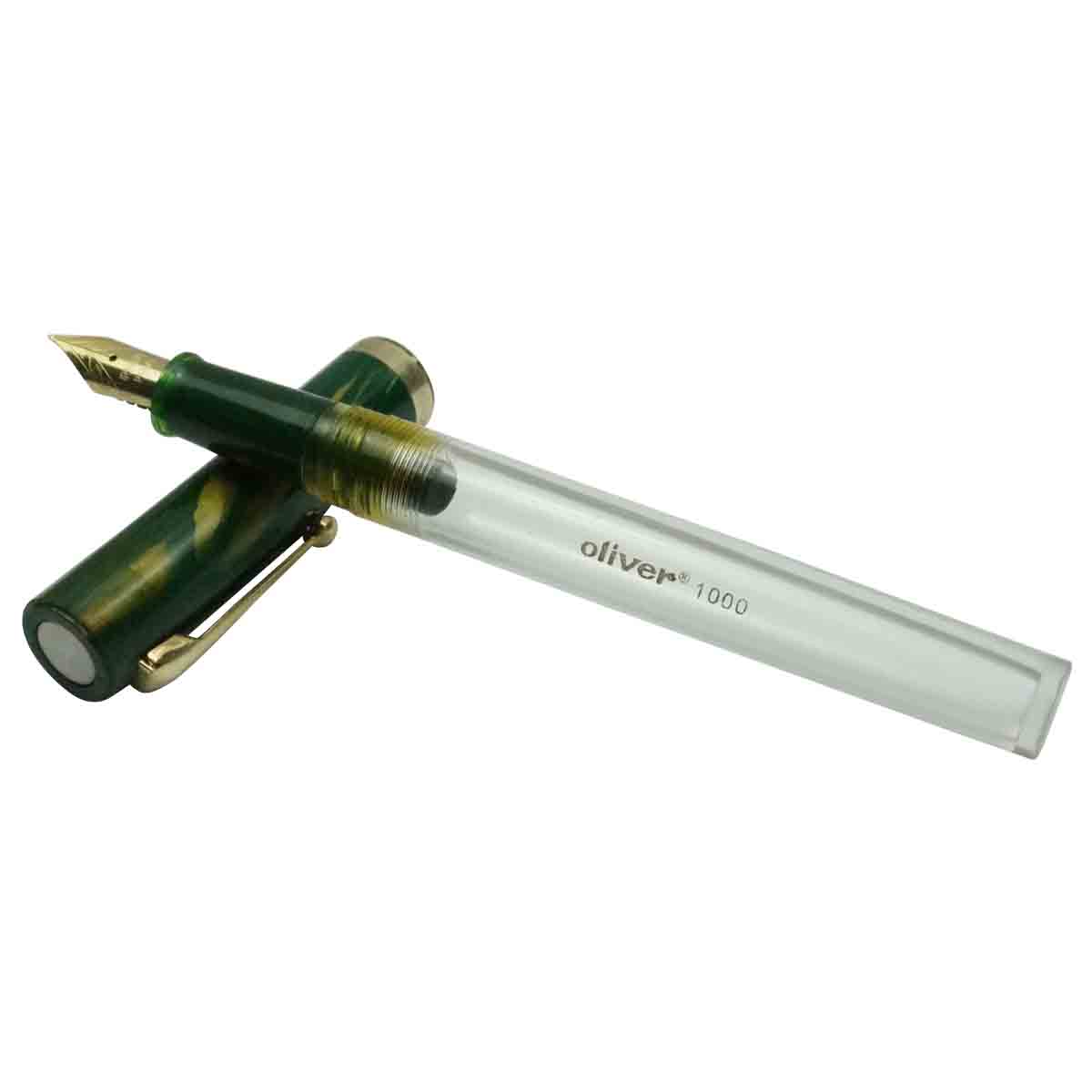 Oliver 1000 HTR Transparent Body Dark Green Marble Finish Cap Fountain Pen Model 18694