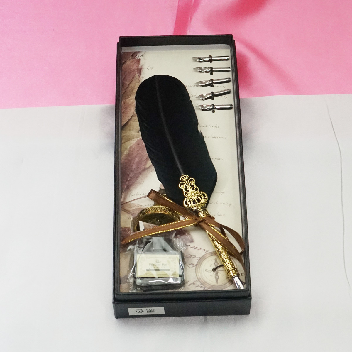 Feather Pen Set - Black Feather with 6 Caligraphy Nibs and Ink Bottle ...
