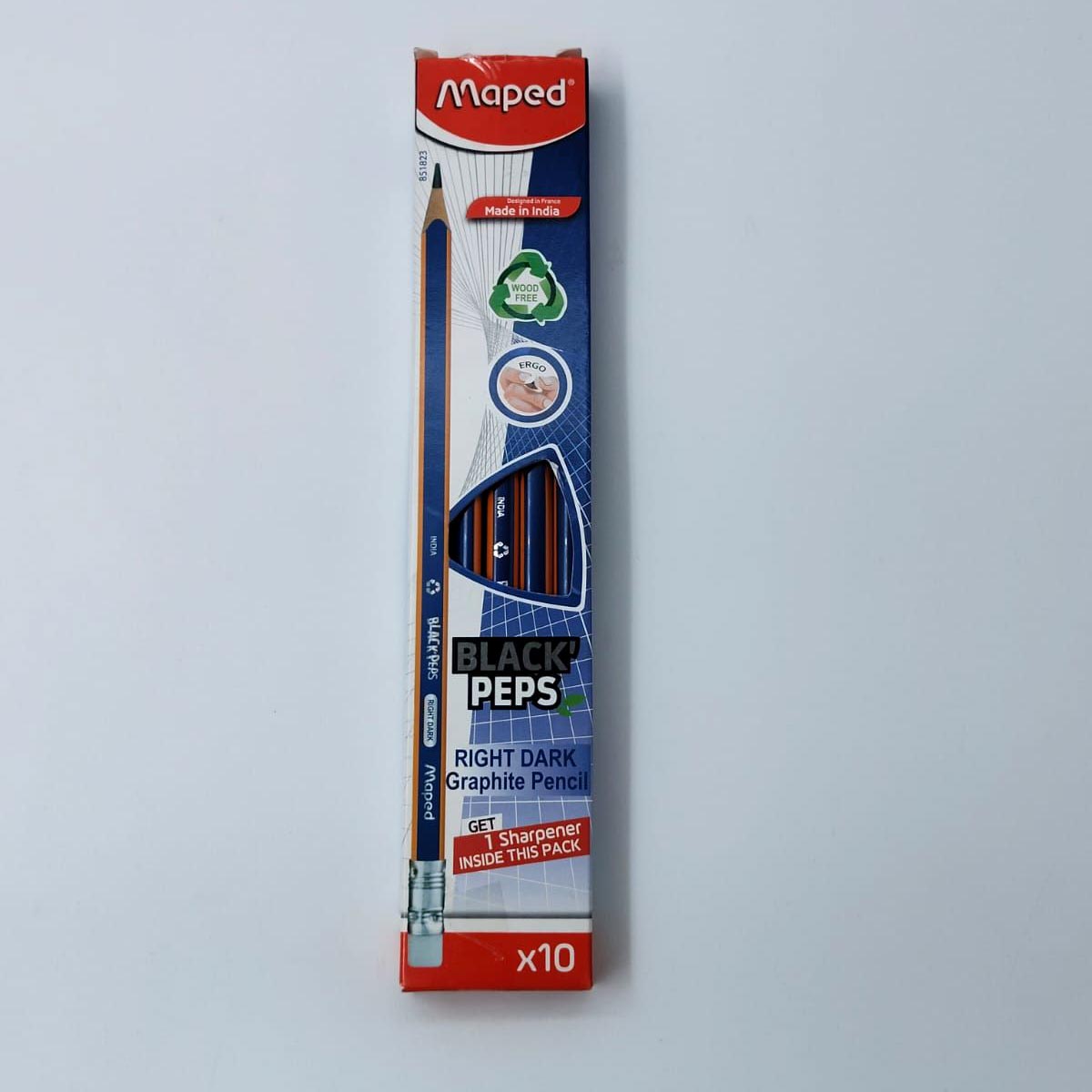 Maped Black Peps Graphire Wood Free Blue and Orange Body With Eraser 10 ...