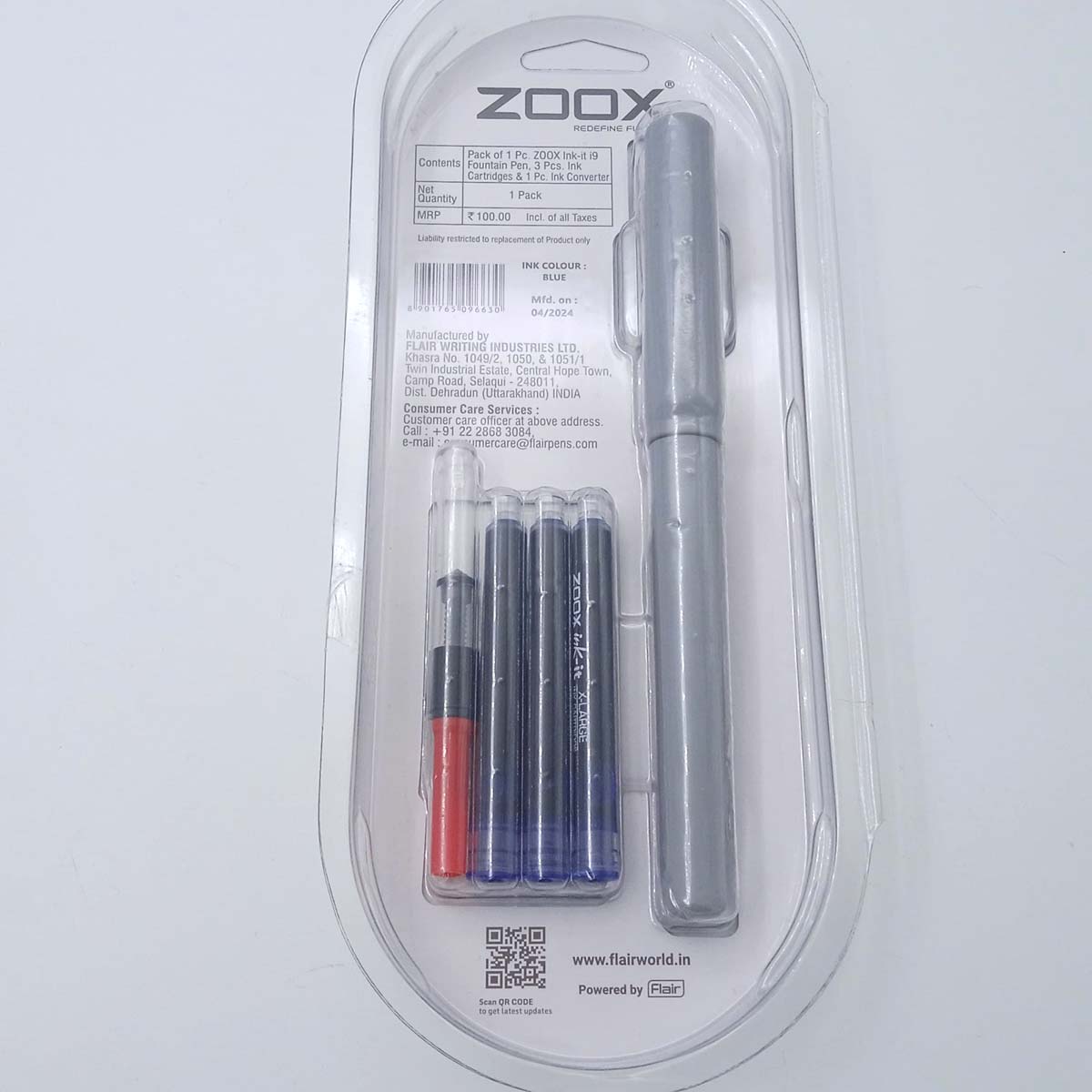 Flair Ink-it Zoox Grey Color i9 Fountain pen with three ink Cartridge ...