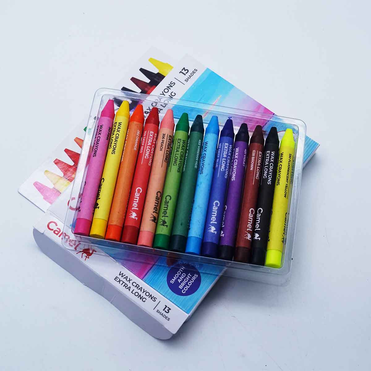 Camlin Wax Crayons Xtra long 13 shades with free fluorescent crayons ...